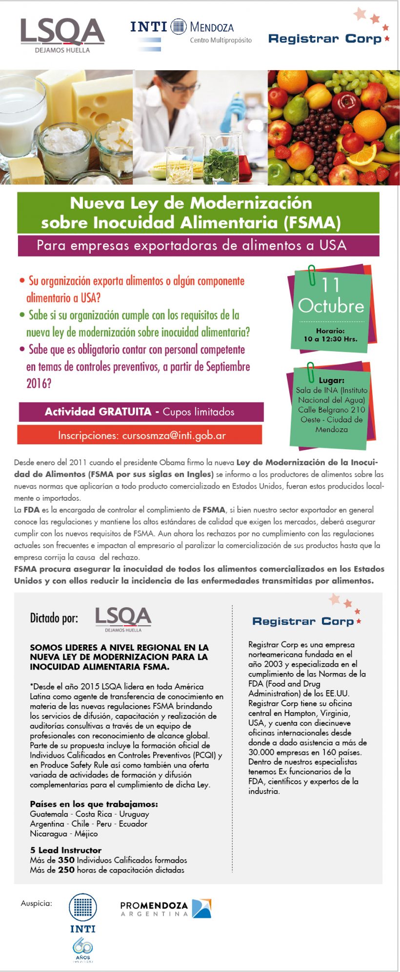 Flyer- Seminario Ley de Inocuidad – FDA – USA – ProMendoza
